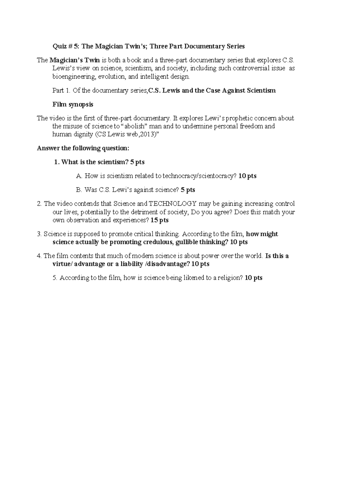 Qs r2 - additional info - Quiz # 5: The Magician Twin’s; Three Part ...