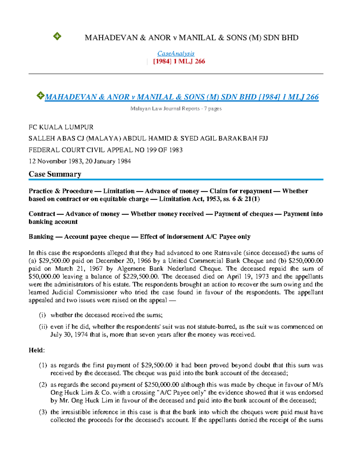 Mahadevan & ANOR v Manilal & SONS M SDN BHD, 1984 1 - MAHADEVAN & ANOR ...