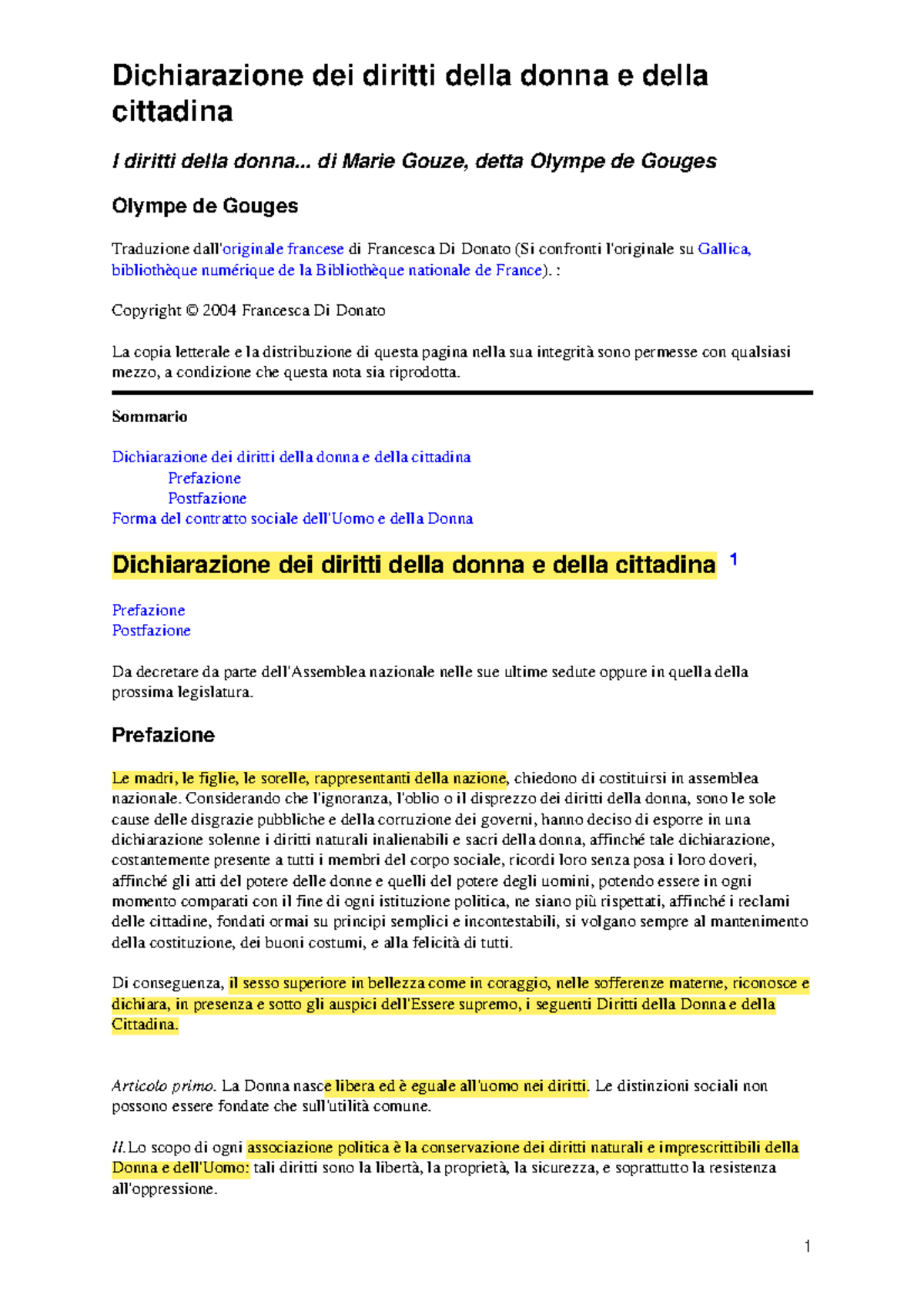 2° - Dichiarazione Olympe de Gouges 1791 - Dichiarazione dei diritti ...