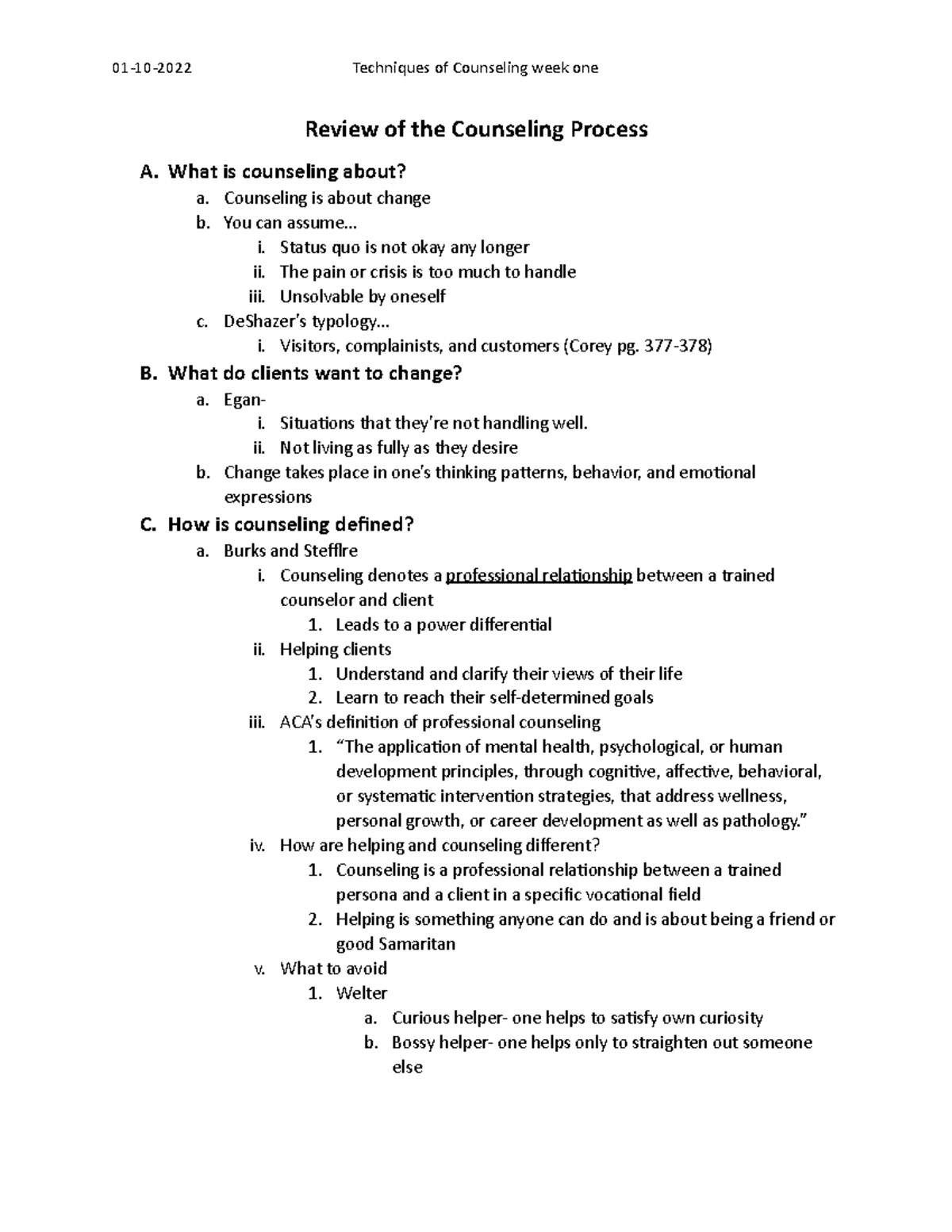Review of the Counseling Process 01-10-22 - 01-10-2022 Techniques of ...