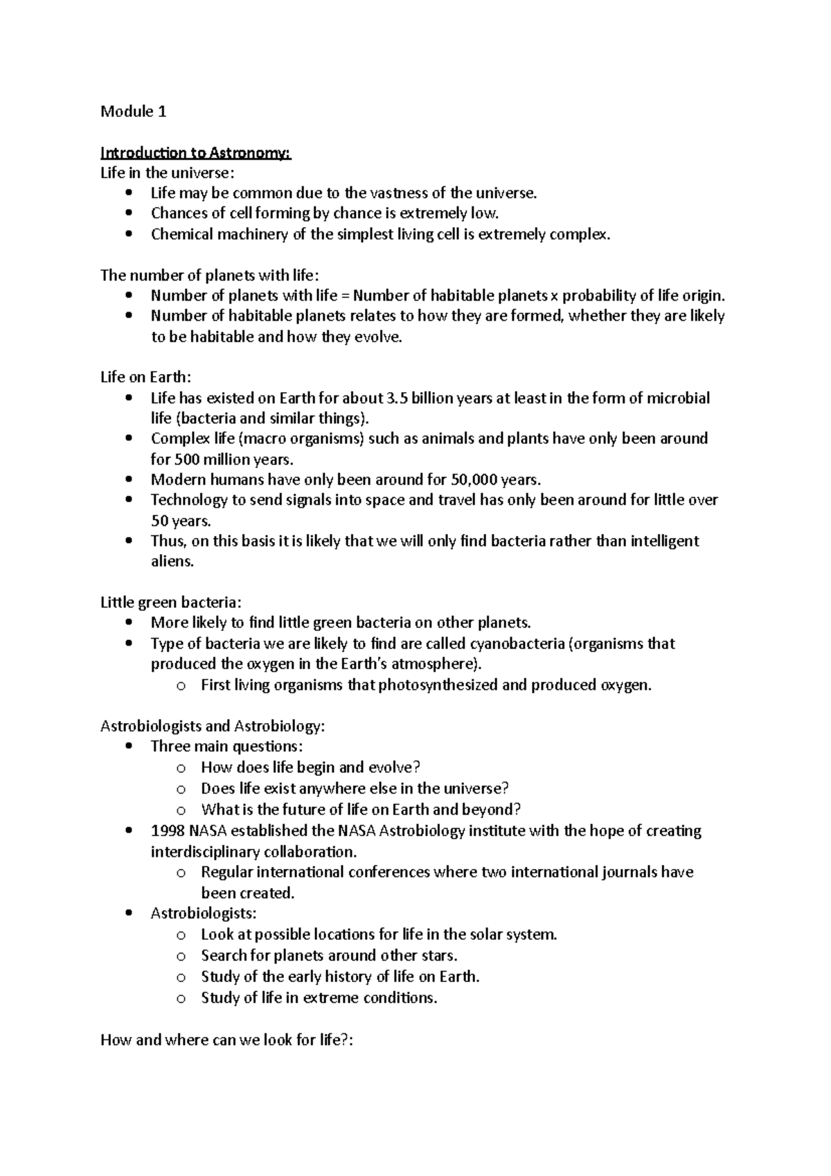 Astronomy module 1 part 2 - Module 1 Introduction to Astronomy: Life in the universe: Life may ...