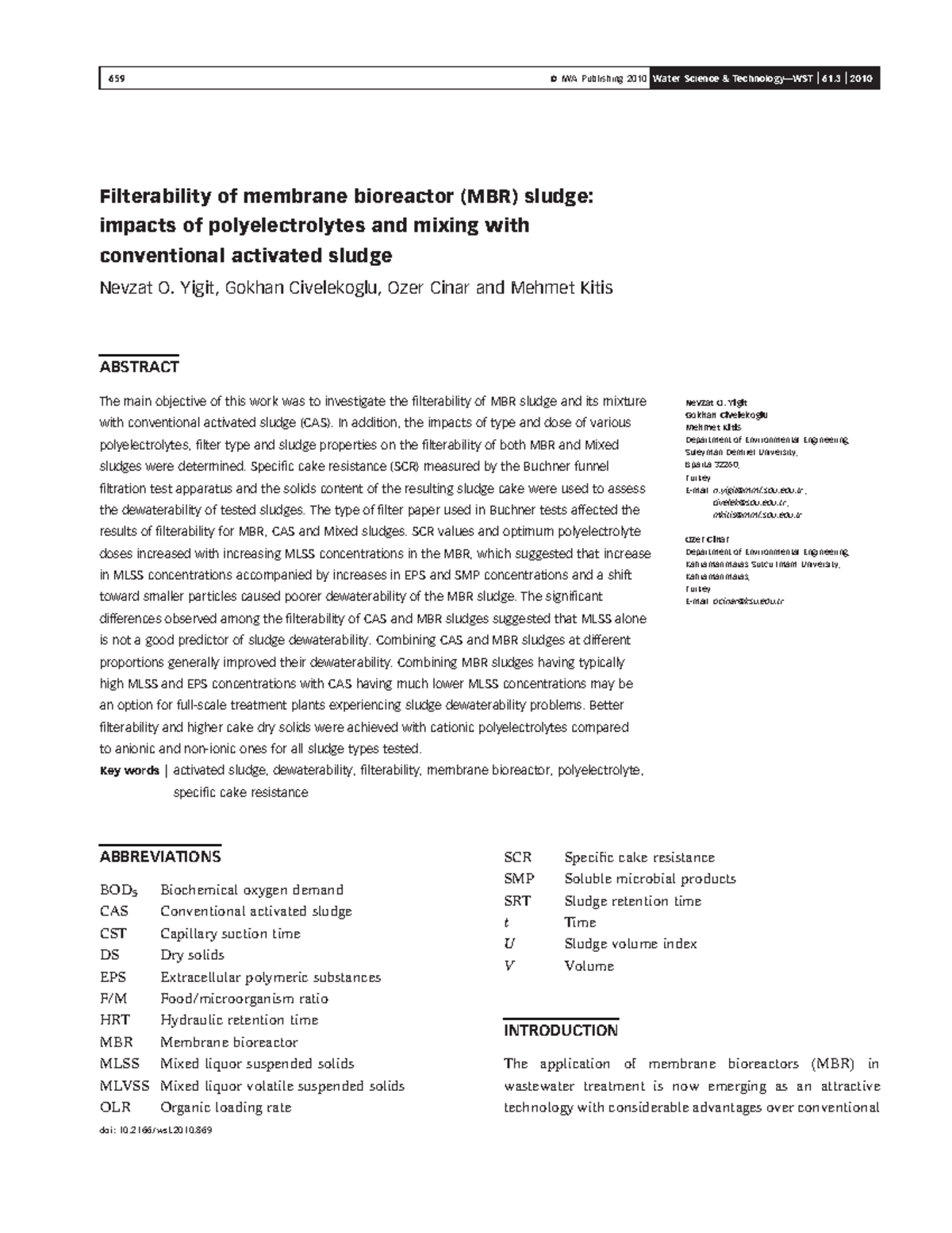 Filterability of membrane bioreactor MBR - Yigit, Gokhan Civelekoglu ...