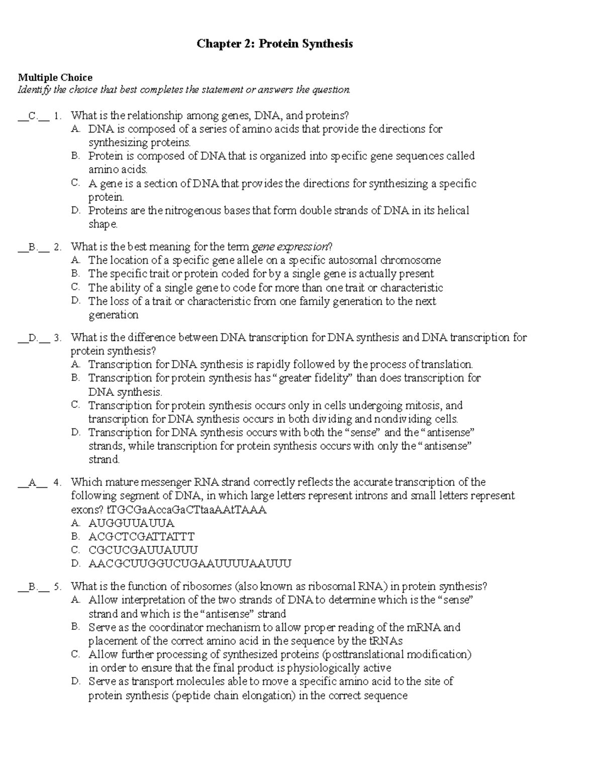 Protein Synthesis - Practice Questions - CH2 - Chapter 2: Protein ...