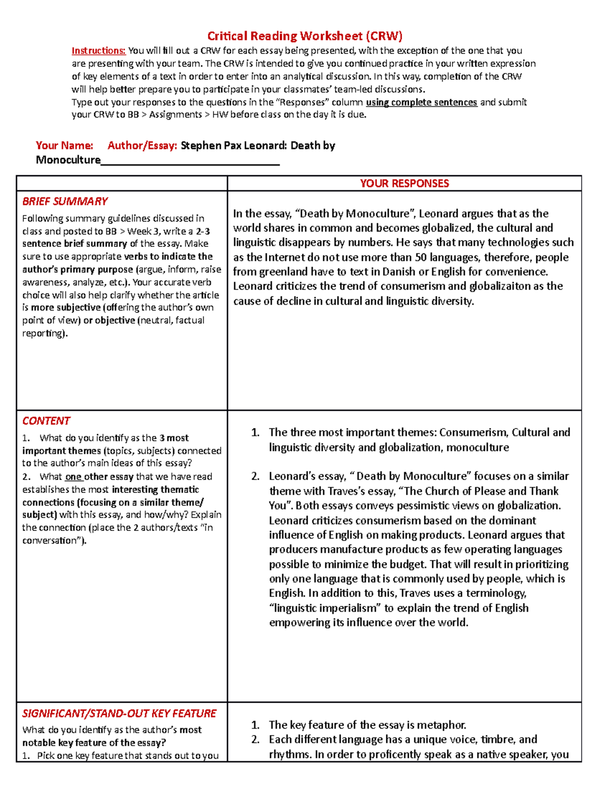 CRW- Death by Monoculture - Critical Reading Worksheet (CRW ...