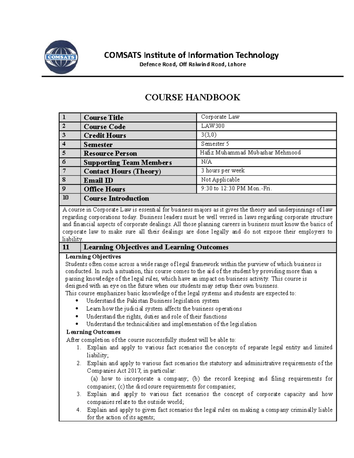 Course Outline Sep 2019 - COMSATS Institute of Information Technology ...