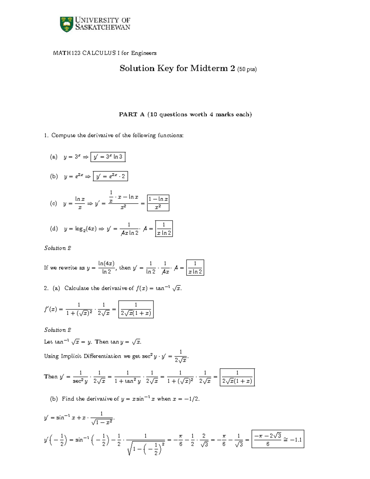 Midterm2 2018/19 with Answers - MATH123 CALCULUS I for Engineers Solution Key for Midterm 2(50 ...