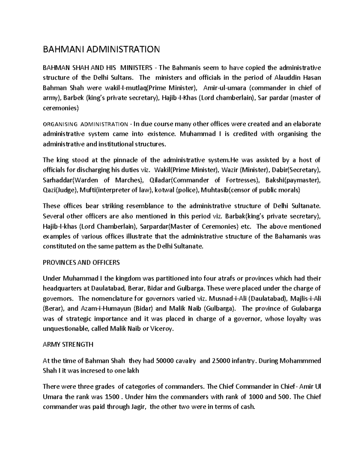 Bahmani Administration - BAHMANI ADMINISTRATION BAHMAN SHAH AND HIS ...