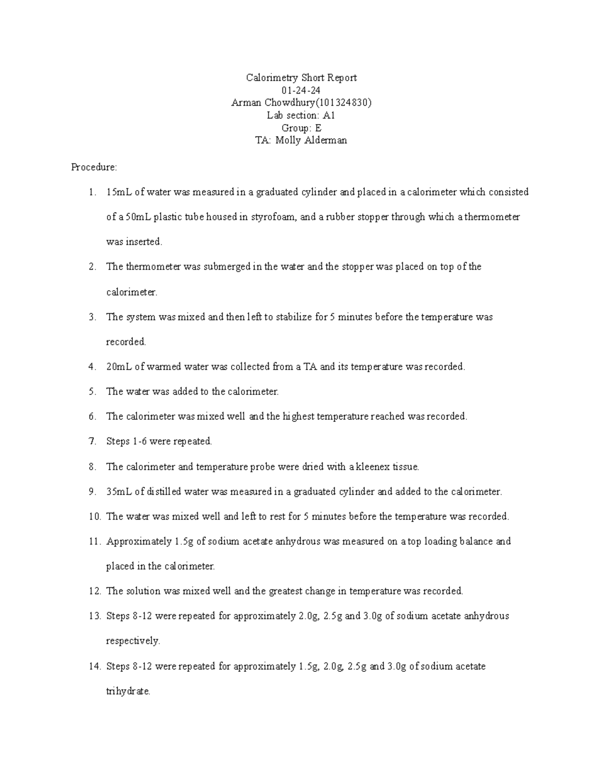 Cal short report - Calorimetry Short Report 01-24- Arman Chowdhury ...