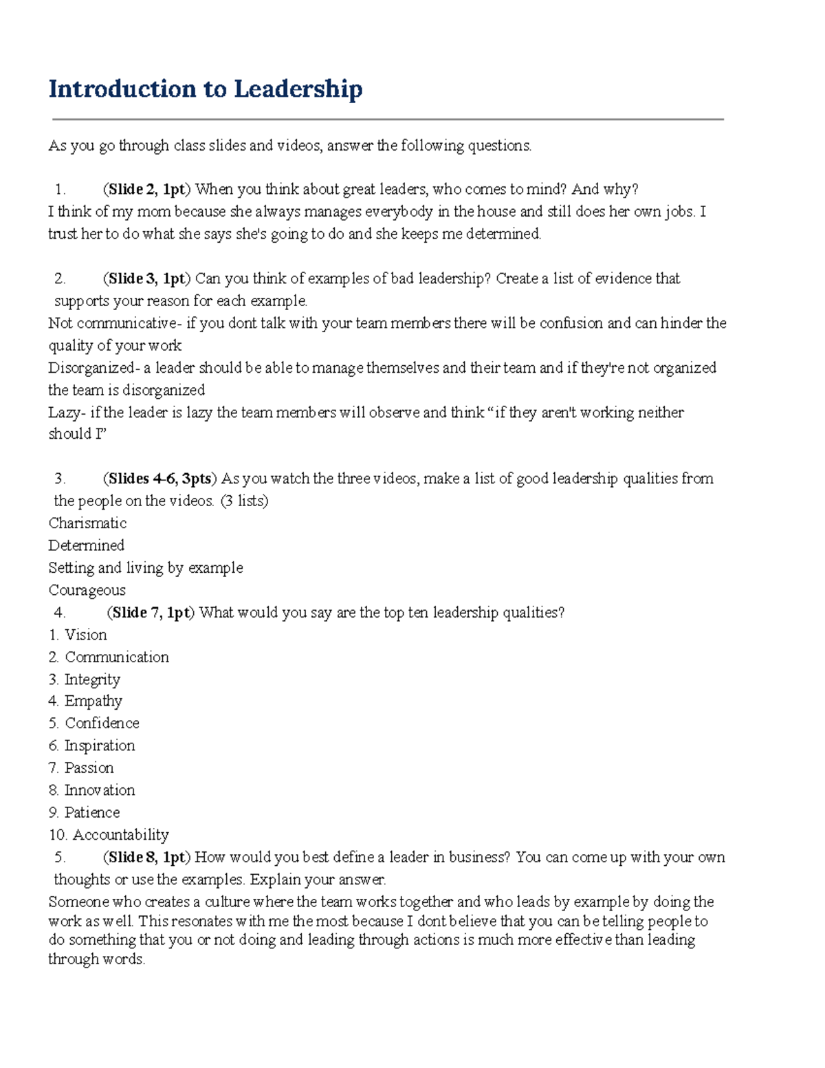 3.2 Introduction to Leadership Class Worksheet - Introduction to ...