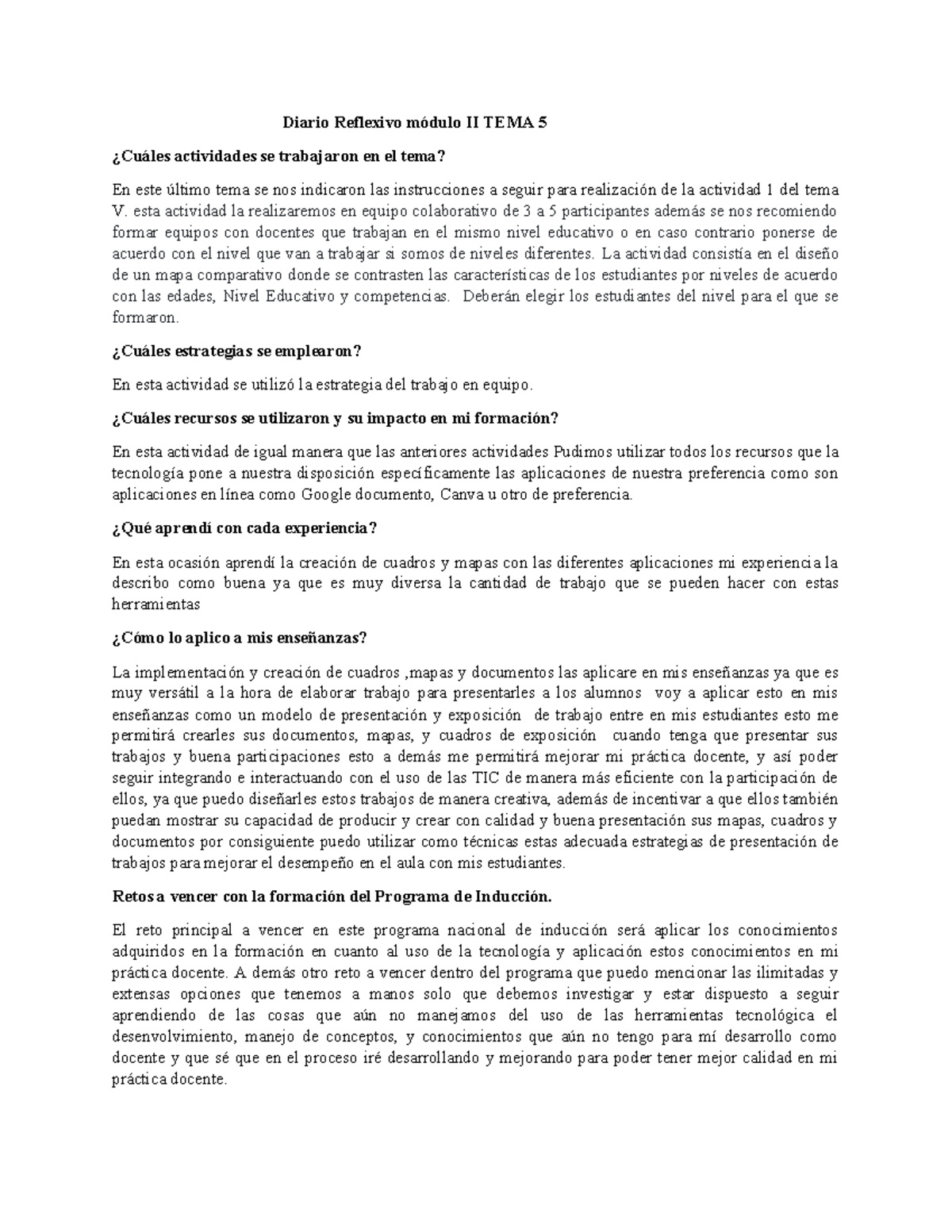 Diario Reflexivo módulo II TEMA 5 - Diario Reflexivo módulo II TEMA 5 ¿Cuáles actividades se ...