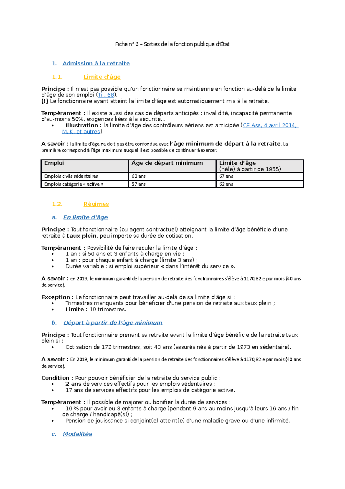 Fiche n° 6 – Sorties de la fonction publique d’État - (!) Le fonctionnaire ayant atteint la ...