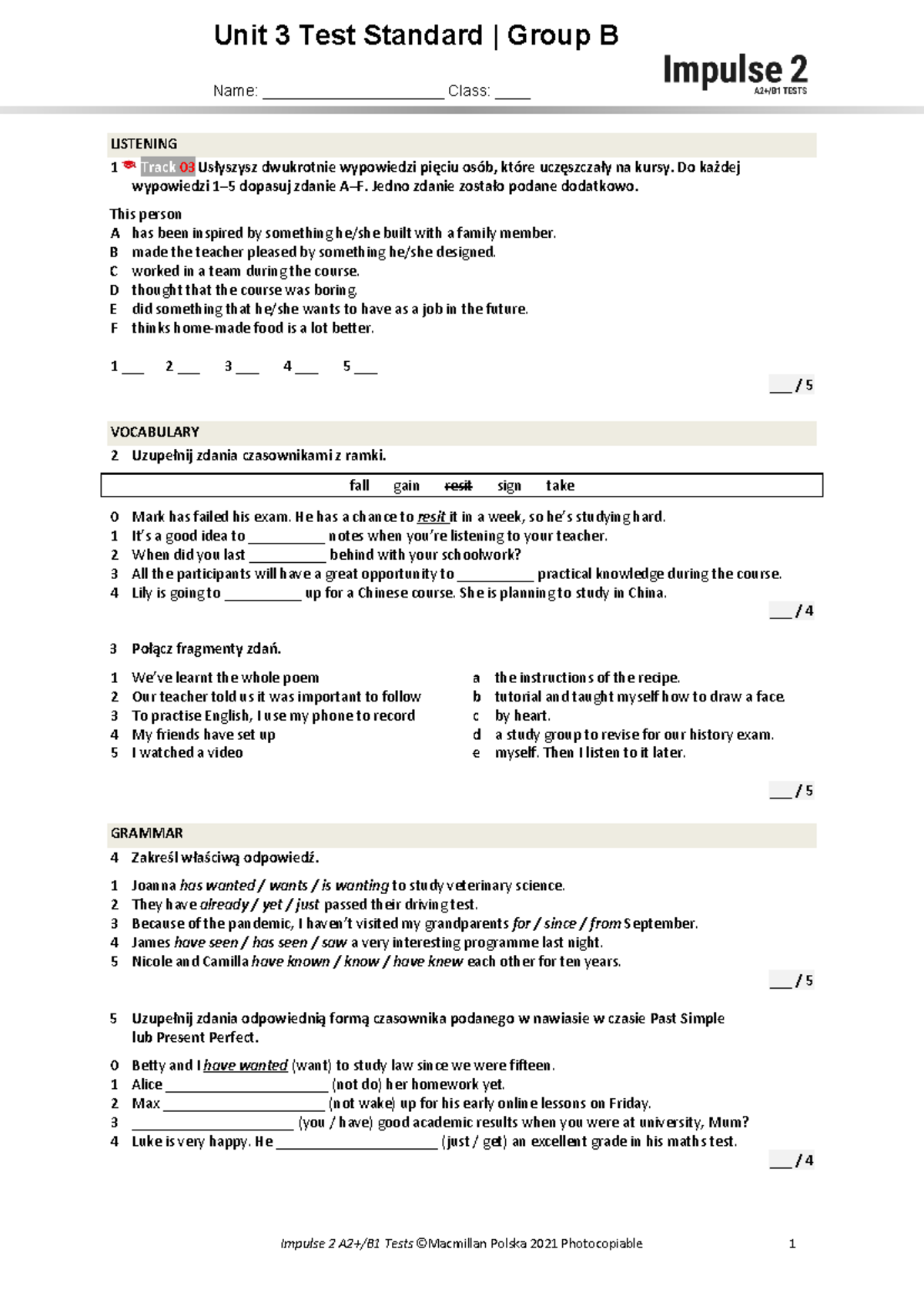 Impulse 2 Unit 3 Test Standard B - Unit 3 Test Standard | Group B Name