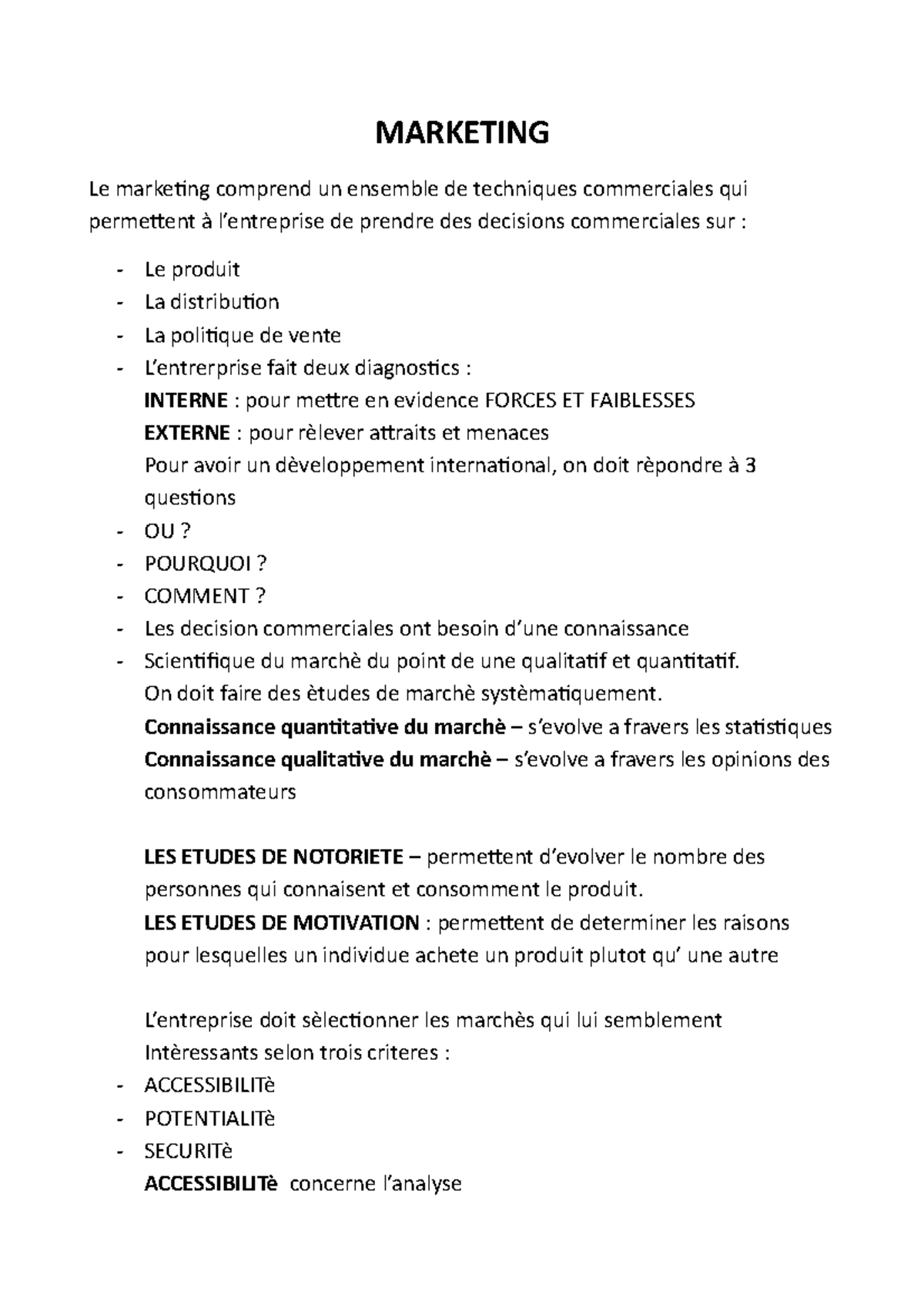 Marketing FRANCESE - MARKETING Le marketing comprend un ensemble de ...