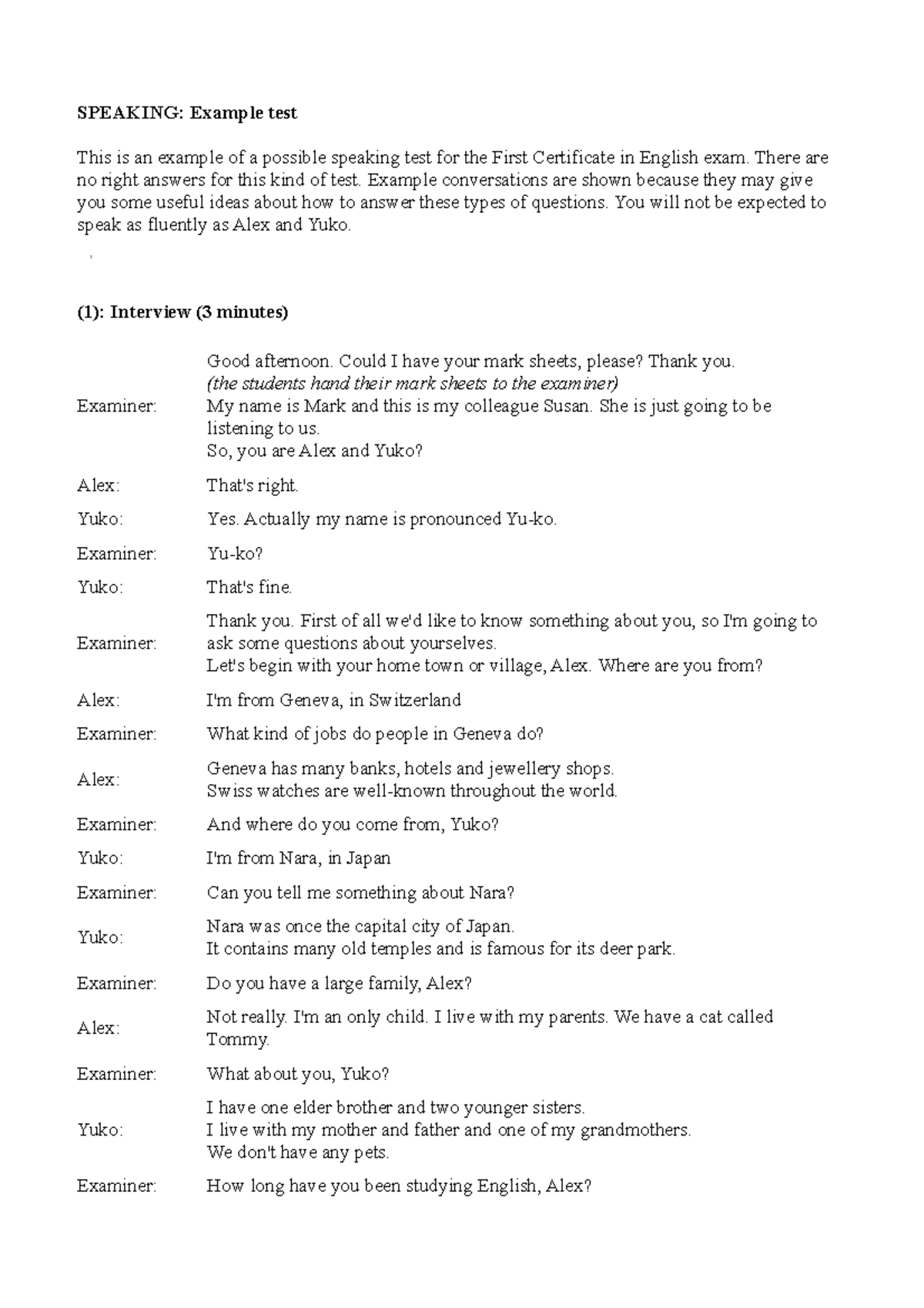 Speaking Test Sample - FCE Speaking Test - Business English - Studocu