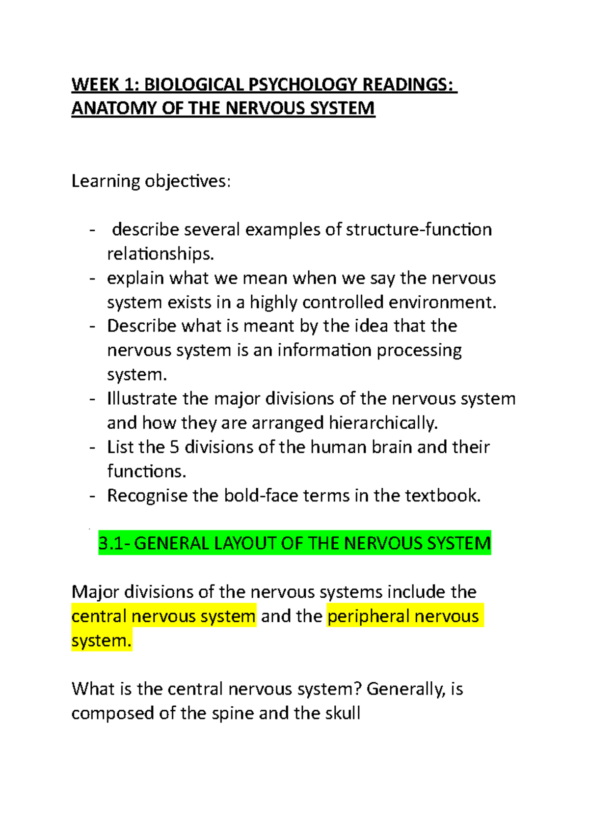 WEEK 1 - notes - WEEK 1: BIOLOGICAL PSYCHOLOGY READINGS: ANATOMY OF THE ...