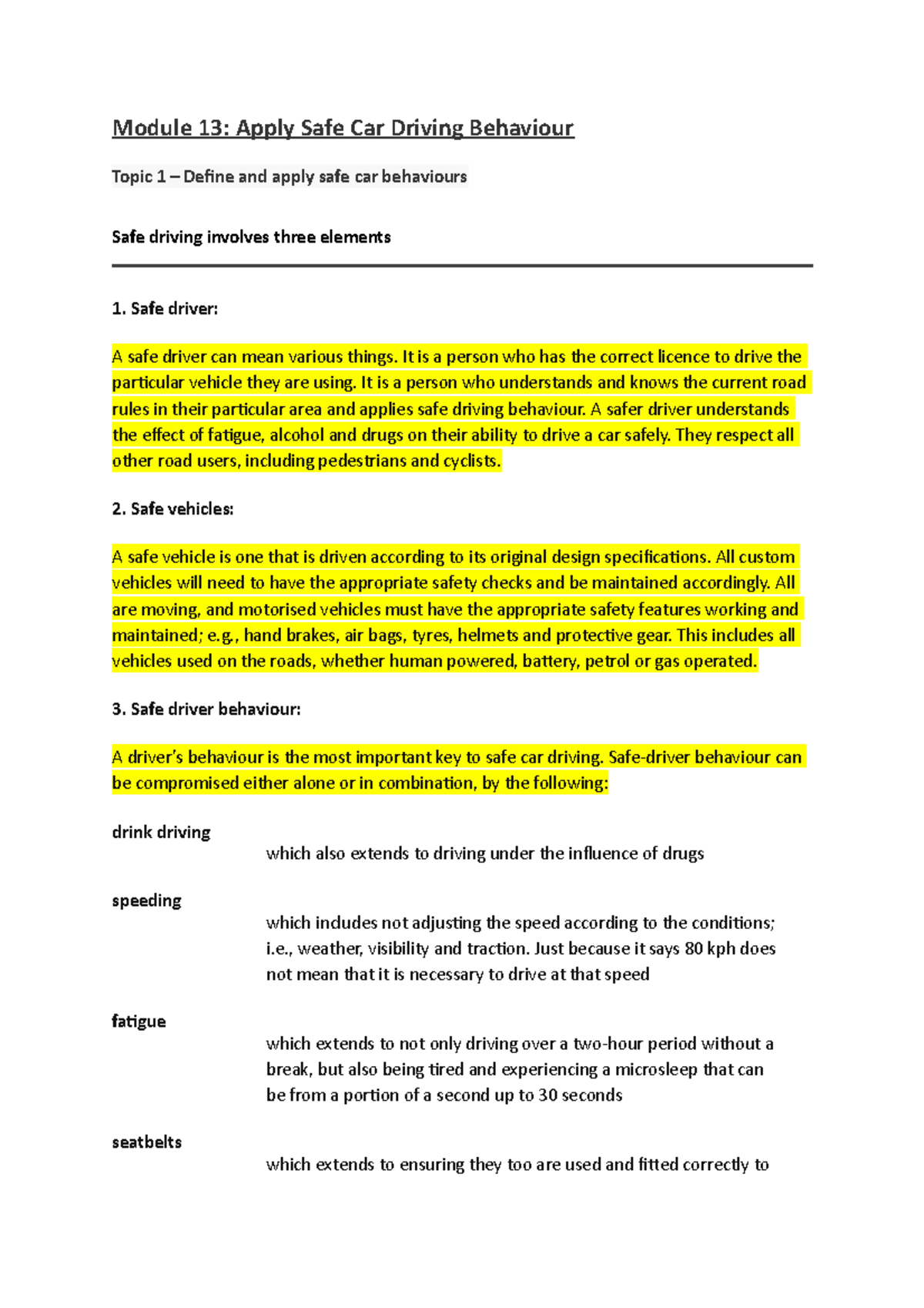 Module 13 - LECTURE NOTES - Module 13: Apply Safe Car Driving Behaviour ...