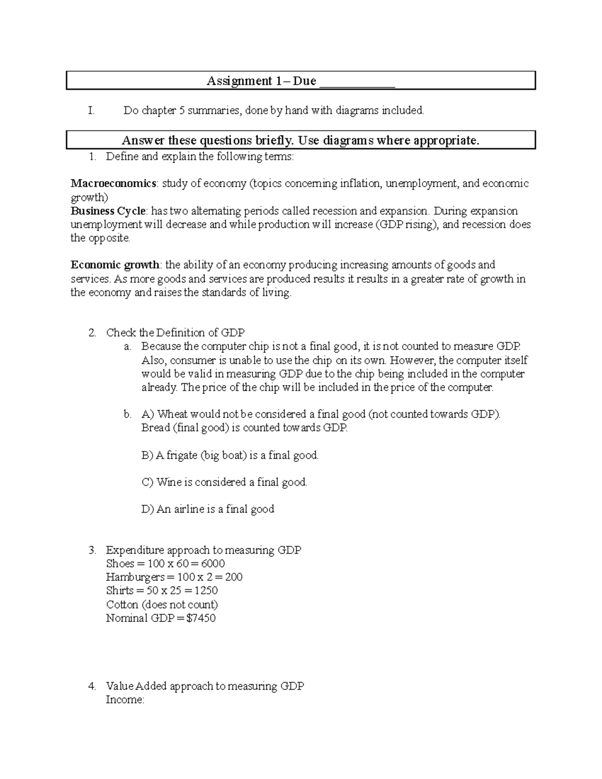 ECON assignment 1 - Assignment 1– Due ___________ I. Do chapter 5 ...