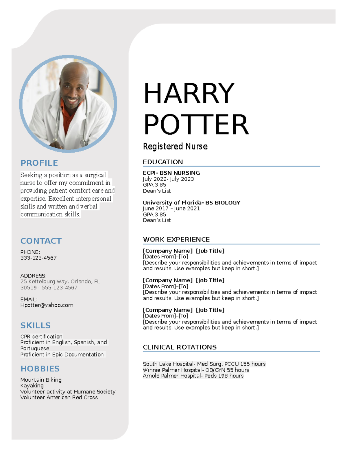 Resume Example - HARRY POTTER Registered Nurse PROFILE Seeking a ...