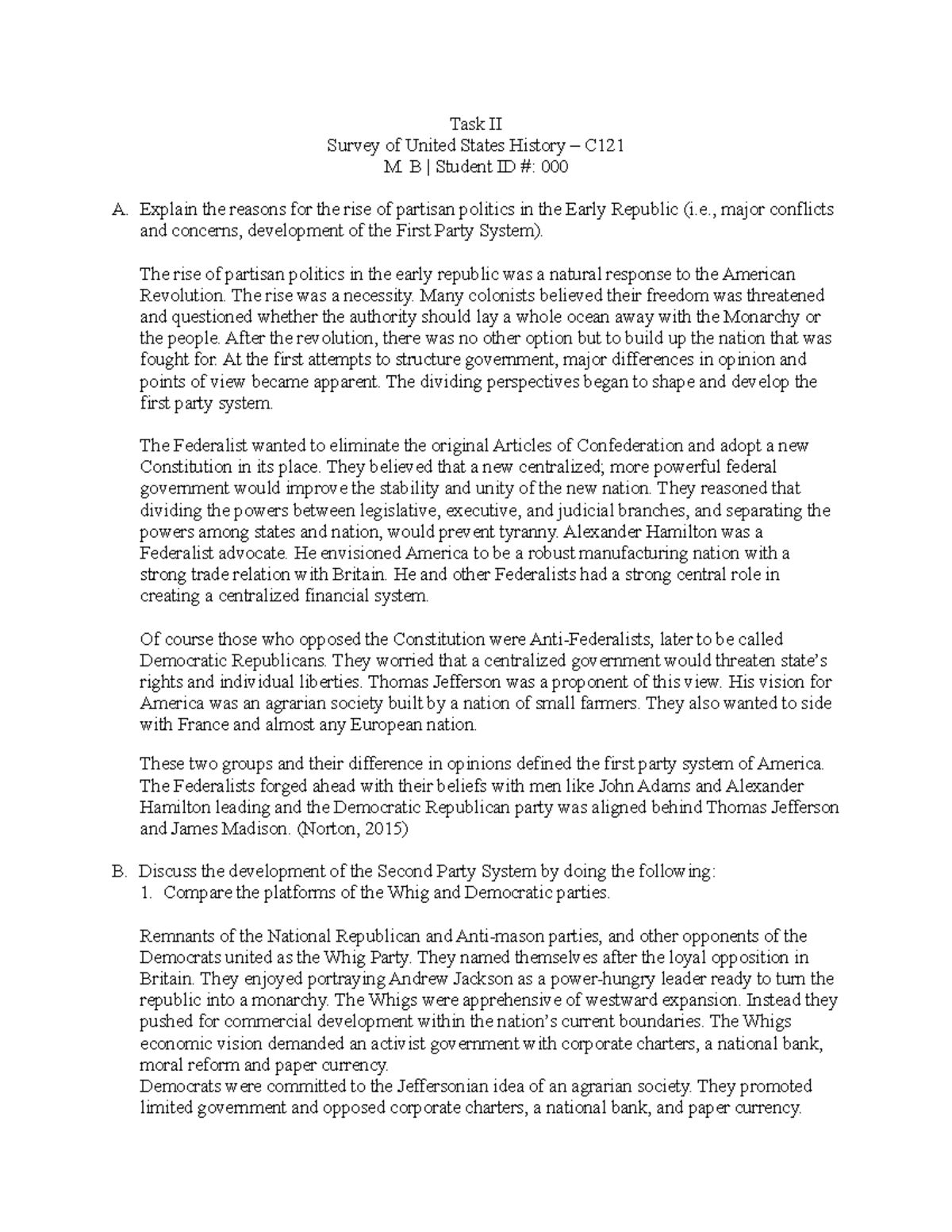 US Hist Second Task - Task II Survey of United States History – C M. B ...