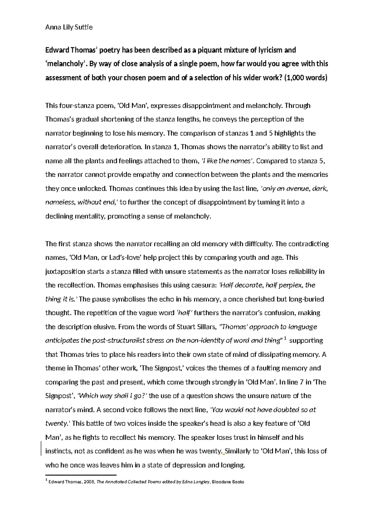 Edward Thomas's 'Old Man' presenting the ideas of melancholy and ...