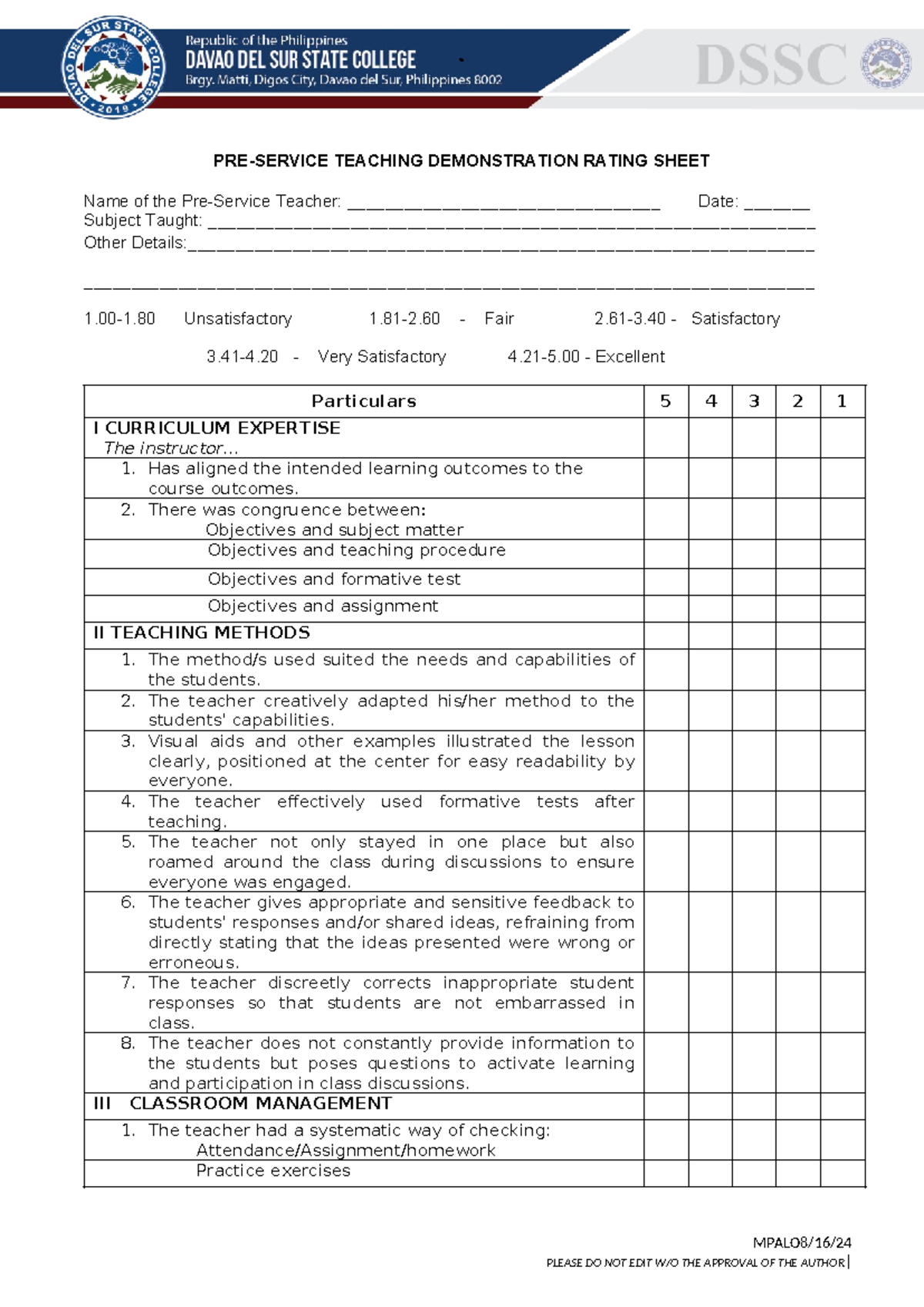 Teaching Demonstration Rating Sheet - MPALO8/16/ PLEASE DO NOT EDIT W/O ...