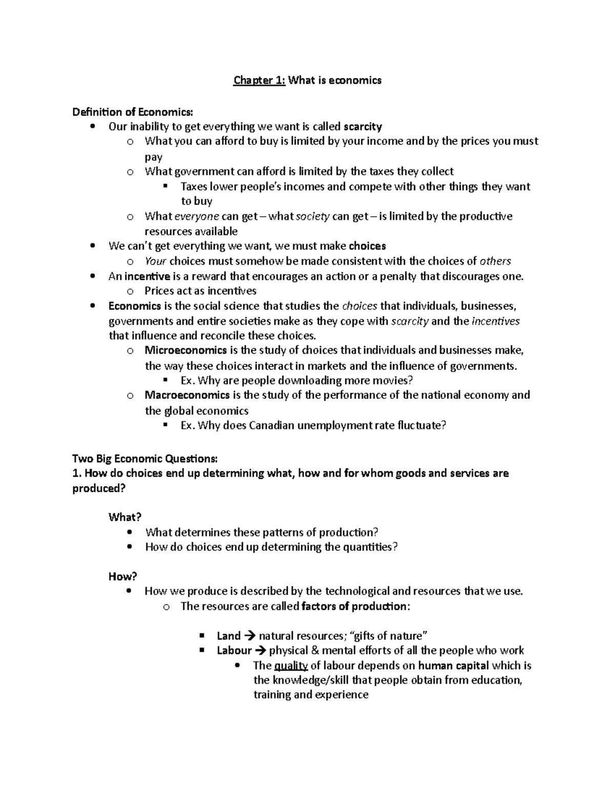 Chapter 1 Textbooks Notes - Chapter 1: What is economics Definition of ...