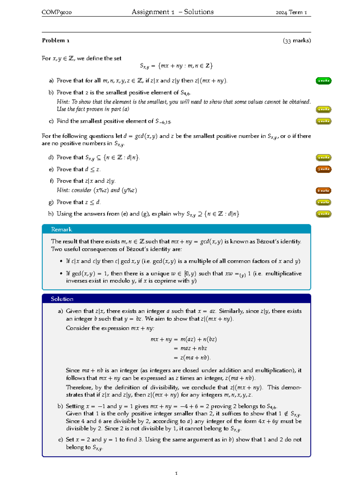 COMP9020 24T1 Assignment 1 - COMP 9020 Assignment 1 – Solutions 2024 Term 1 Problem 1 ( 33 marks ...
