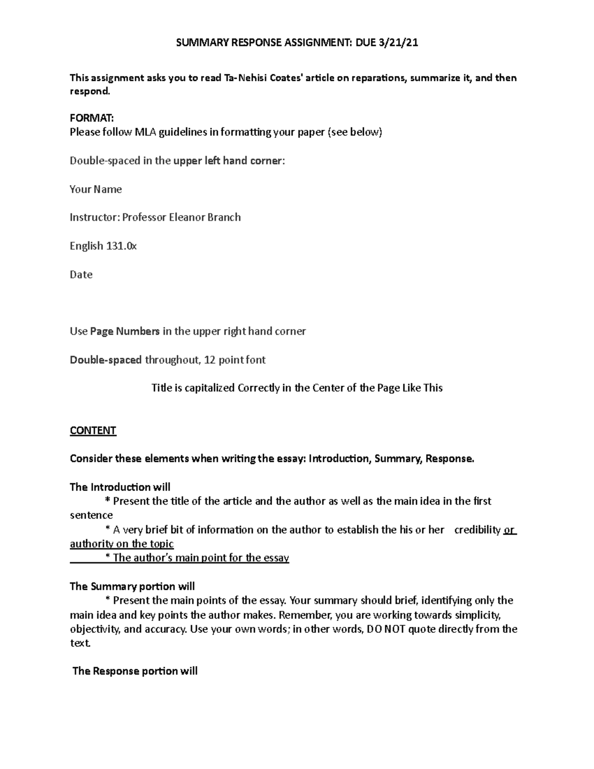 Summary Response Assignment - SUMMARY RESPONSE ASSIGNMENT: DUE 3/21/ This assignment asks you to ...