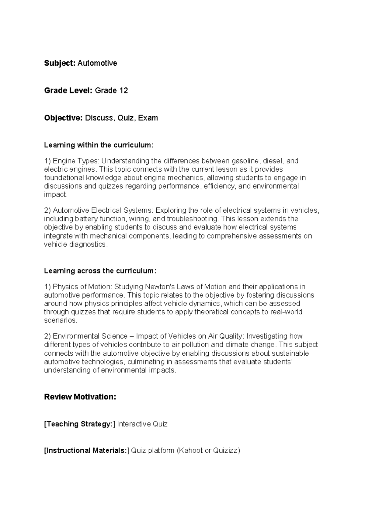 Lesson plan - Review - Subject: Automotive Grade Level: Grade 12 ...