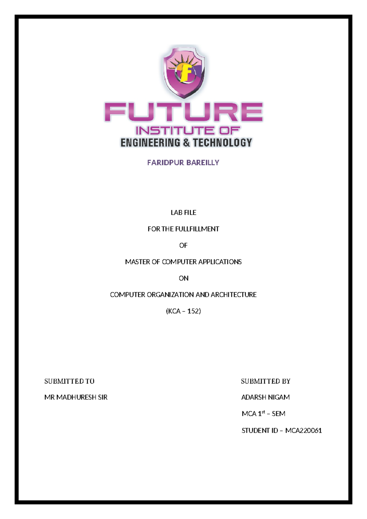 First Pages - Master of computer application - FARIDPUR BAREILLY LAB ...