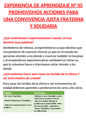 Experiencia DE Aprendizaje N°5 - EXPERIENCIA DE APRENDIZAJE N° 05 PROMOVEMOS ACCIONES PARA UNA ...