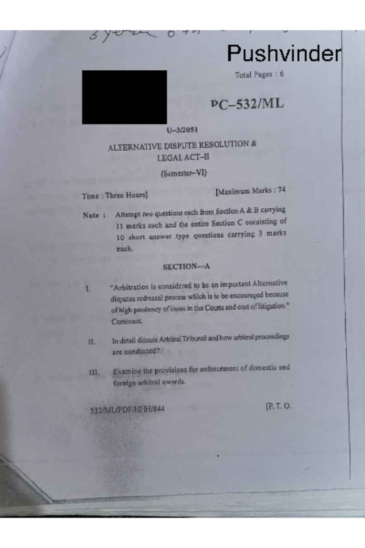 ADR sem 6 - old question paper - LLB - Studocu