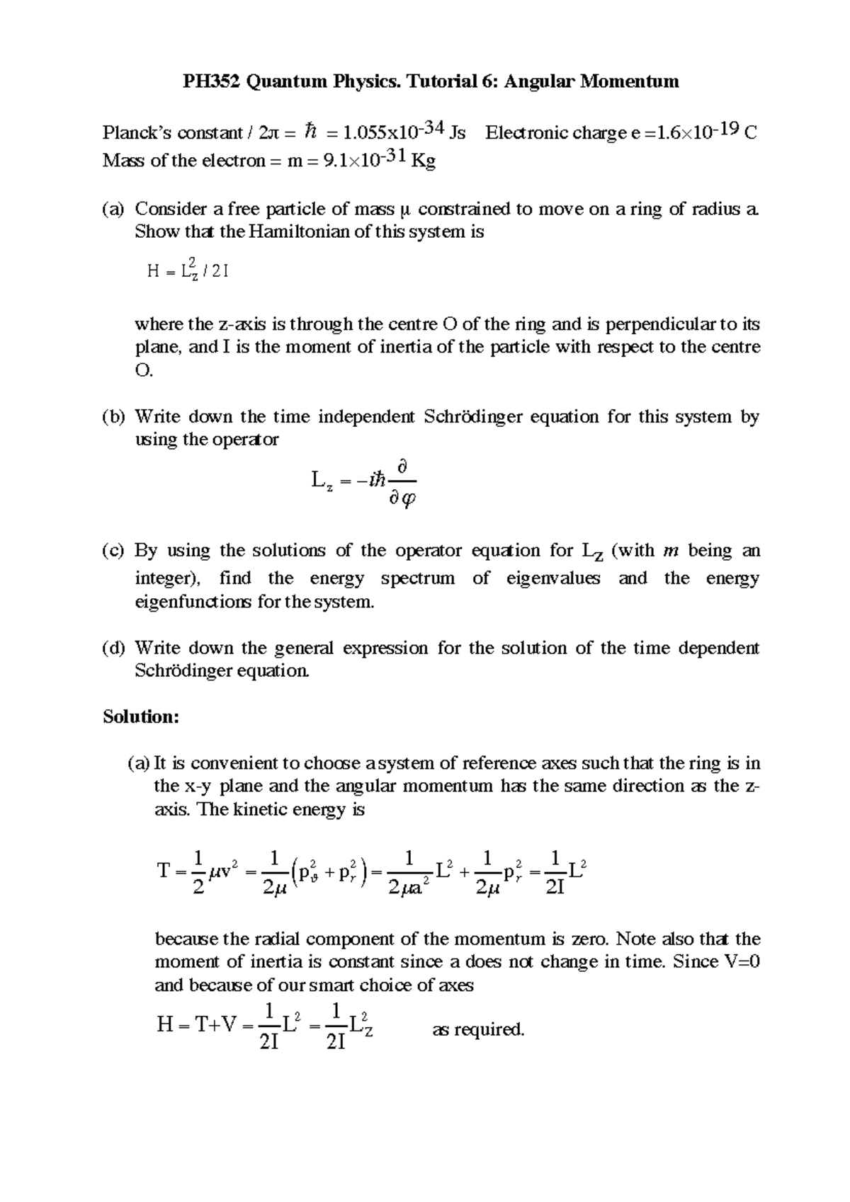 Quantum Physics Tutorial 6 - Questions - PH352 Quantum Physics ...