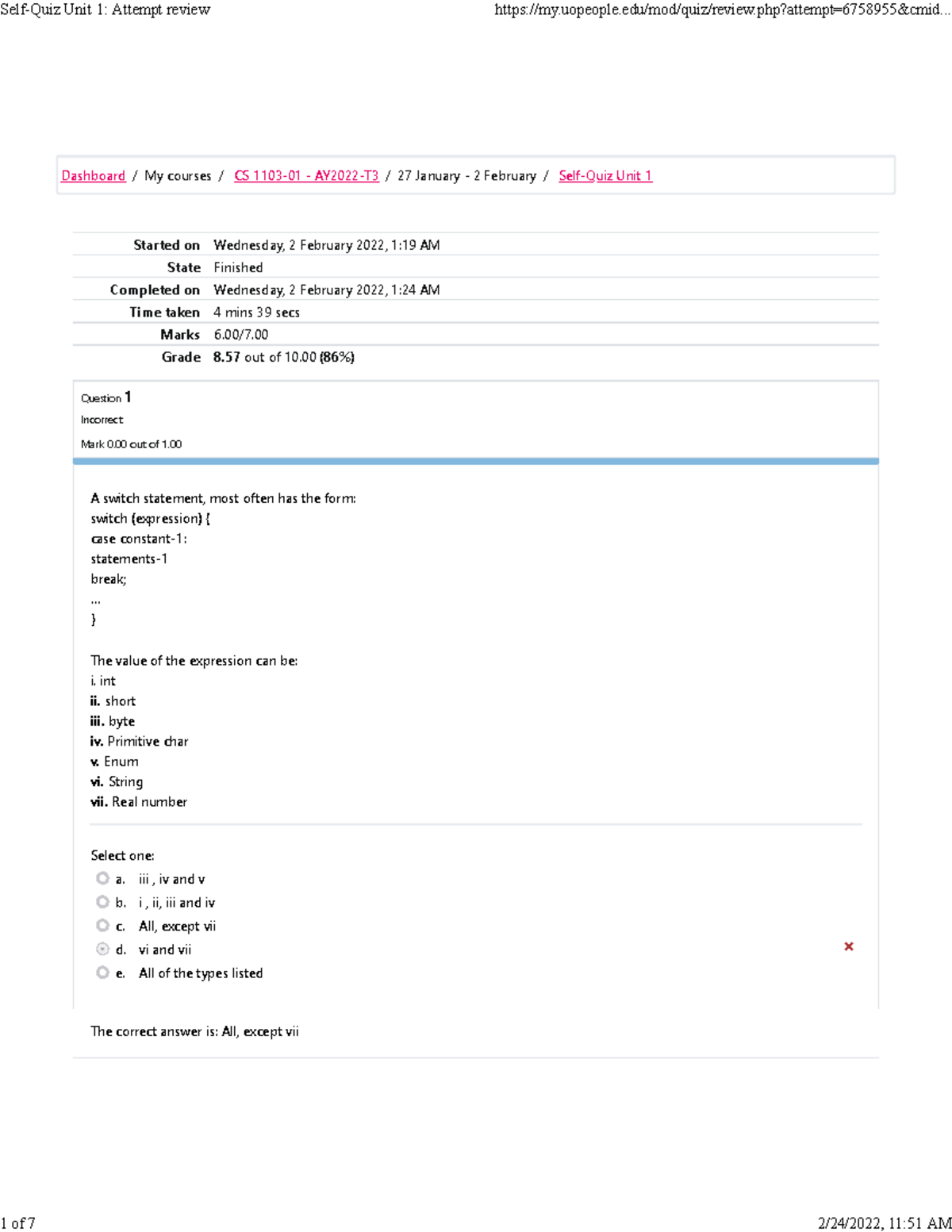 Self-Quiz Unit 1 Attempt review - Started on Wednesday, 2 February 2022, 1:19 AM State Finished ...