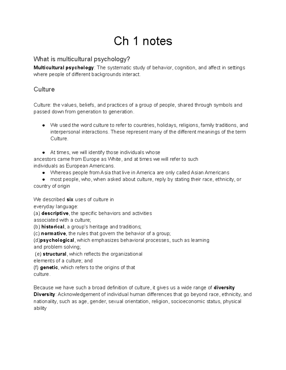 Ch 1 notes - Ch 1 notes What is multicultural psychology? Multicultural ...