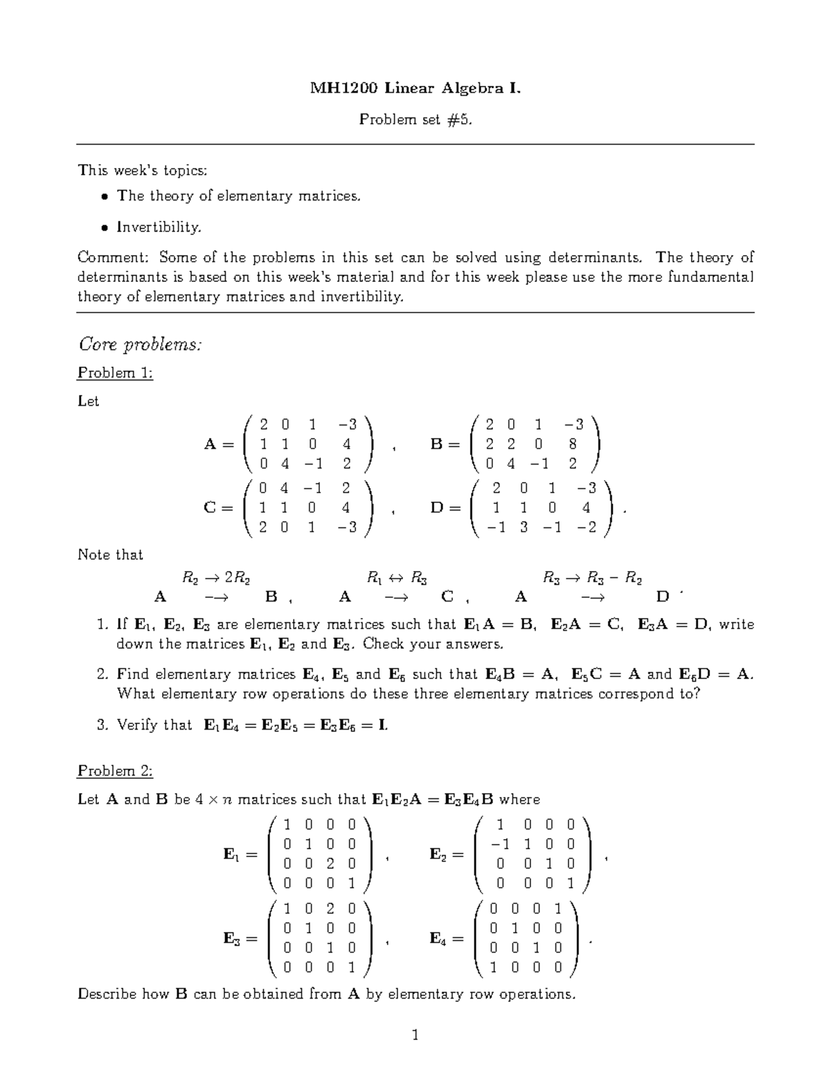 Problem Set 5 - TUTORIAL 5 - MH1200 Linear Algebra I. Problem set #5 ...