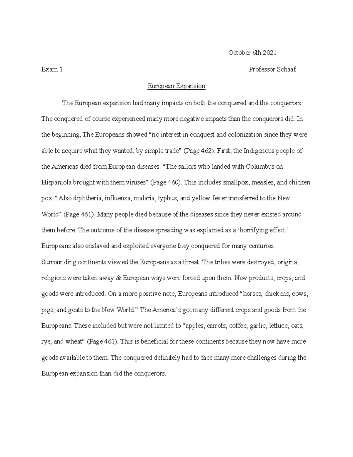 History Exam-2 - European Expansion paper - October 6th 2021 Exam 1 ...