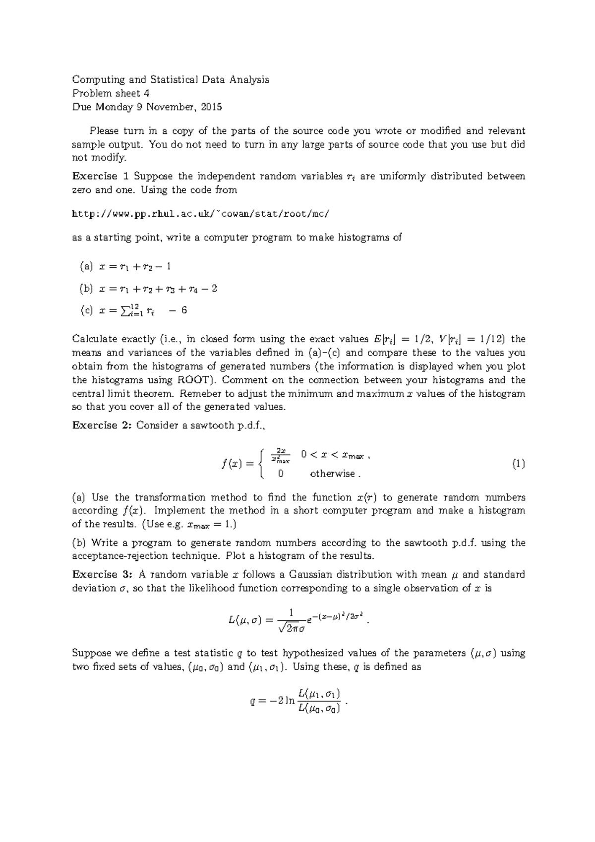 Seminar Assignments Problem Sheet 4 Computing And Statistical Data Analysis Problem Sheet 4