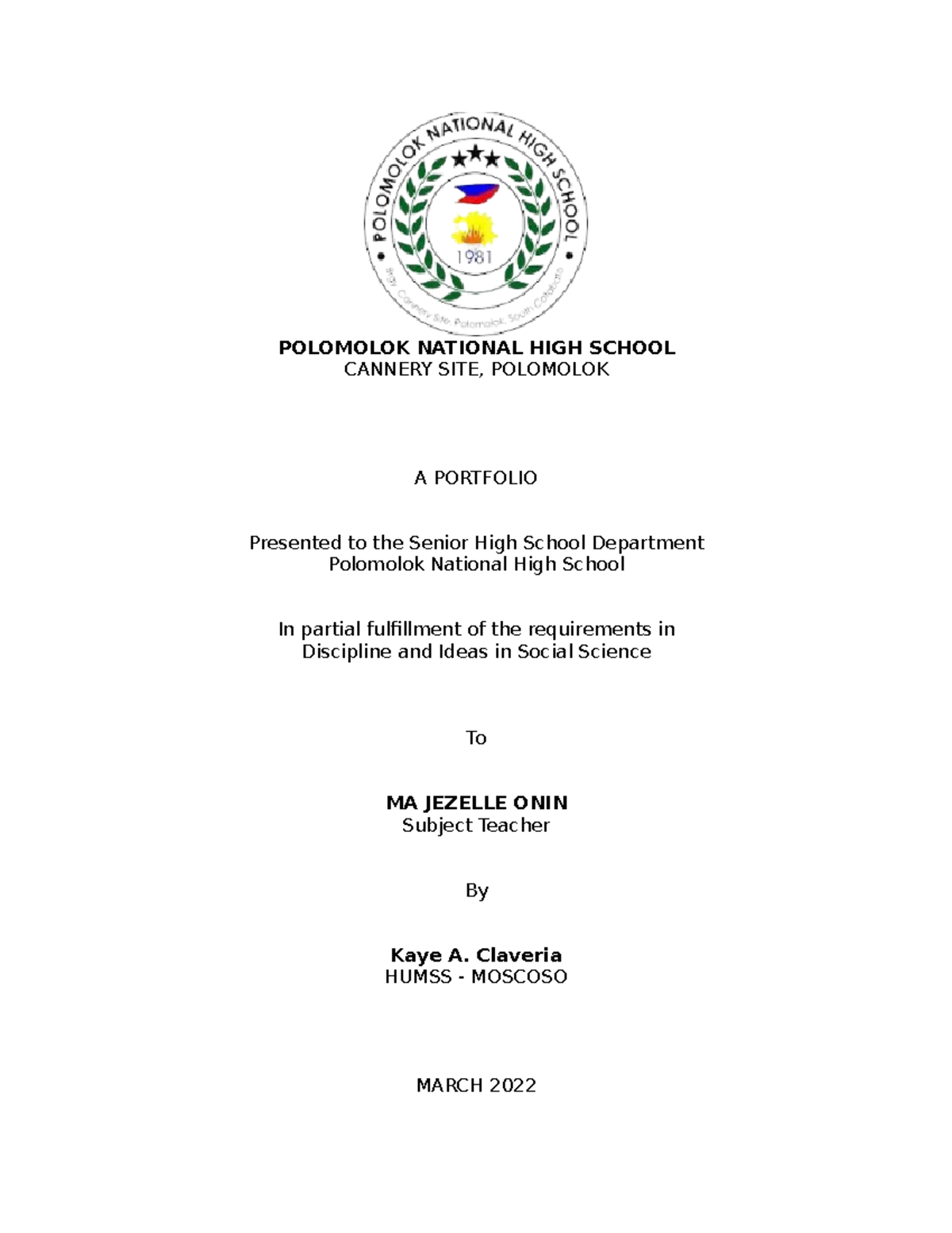 Polomolok National HIGH School - POLOMOLOK NATIONAL HIGH SCHOOL CANNERY ...