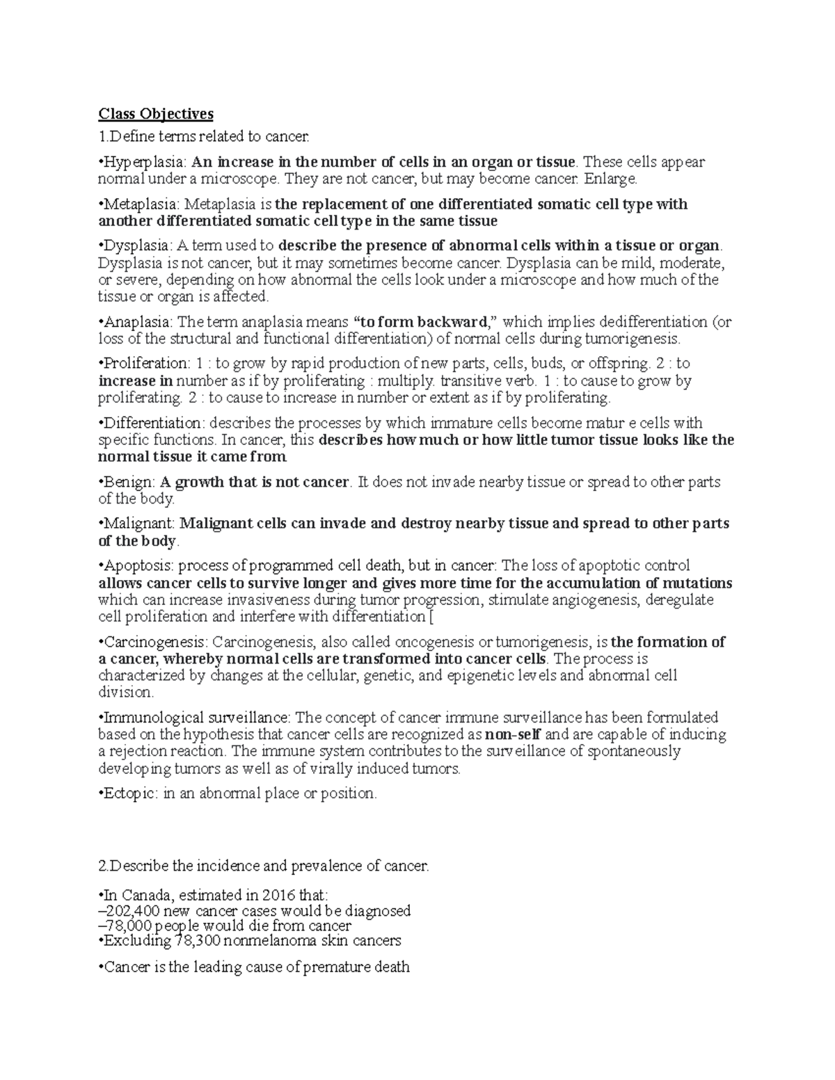 Oncology - Chapter 18- key points- learning goals - Class Objectives 1 ...