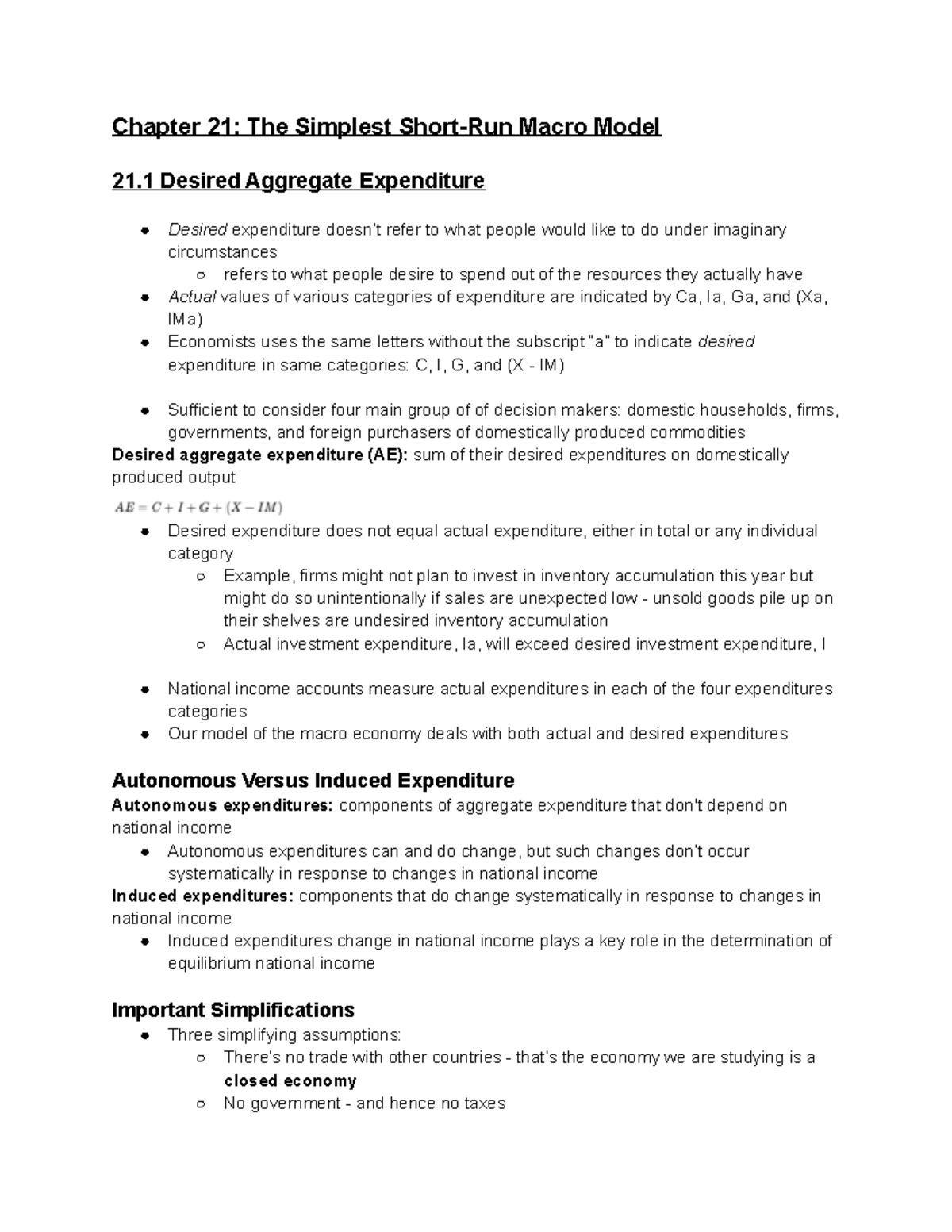 The Simplest Macro Model: Desired Aggregate Expenditure and Consumption ...