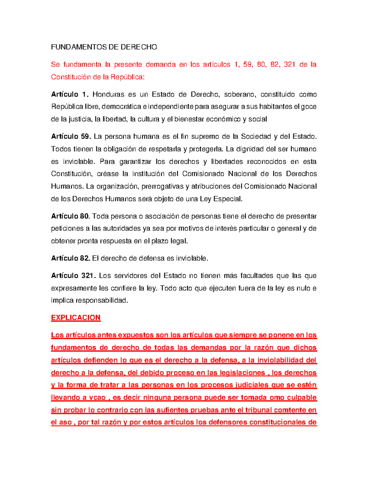 Explicacion Articulos DE Demanda - FUNDAMENTOS DE DERECHO Se fundamenta ...