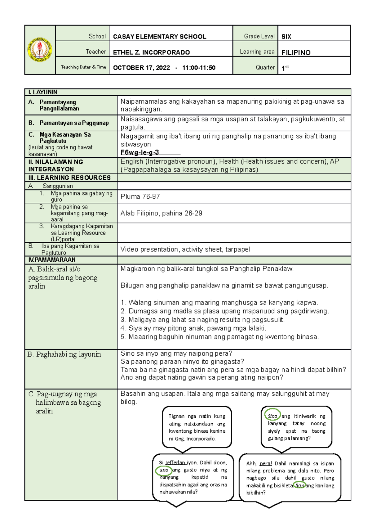 DLP for COT 1 ( Filipino) - School CASAY ELEMENTARY SCHOOL Grade Level ...