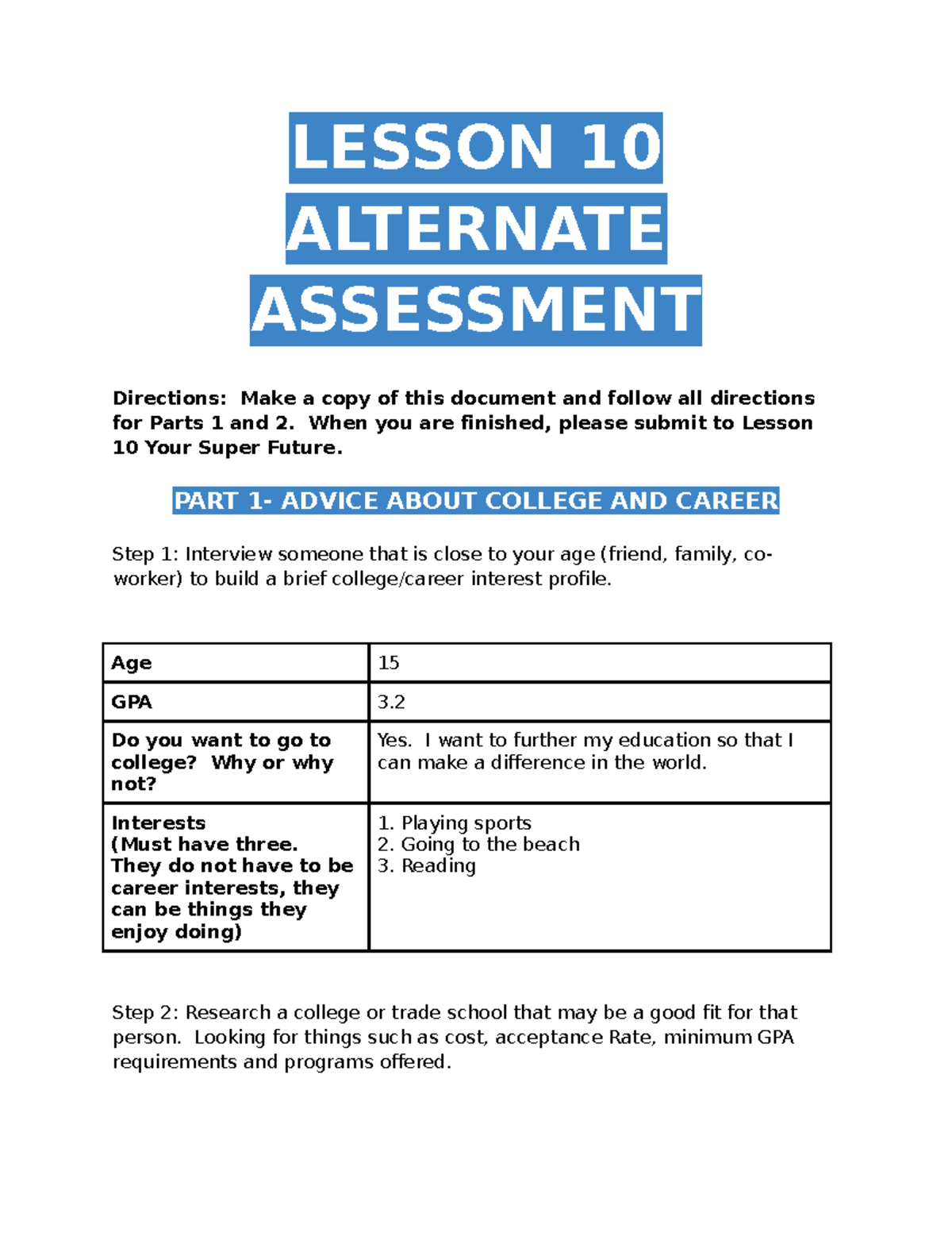 Lesson 10 Alternate Assessment - LESSON 10 ALTERNATE ASSESSMENT ...