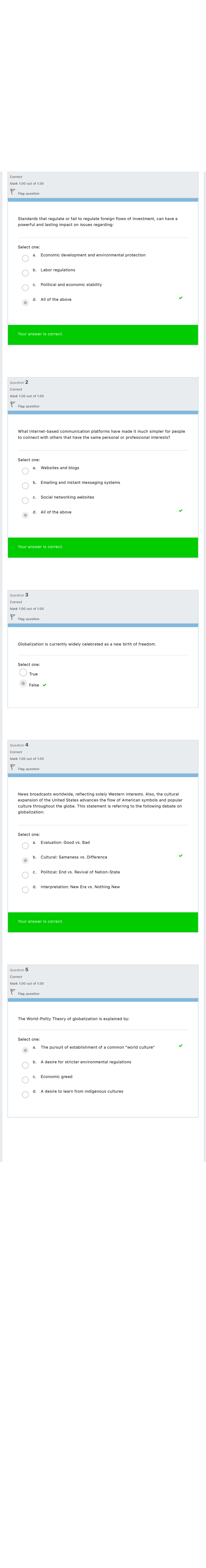 Self-Quiz Unit 1 Attempt review 5 - CorrectMark 1 out of 1. Flag question Question Correct 2 ...