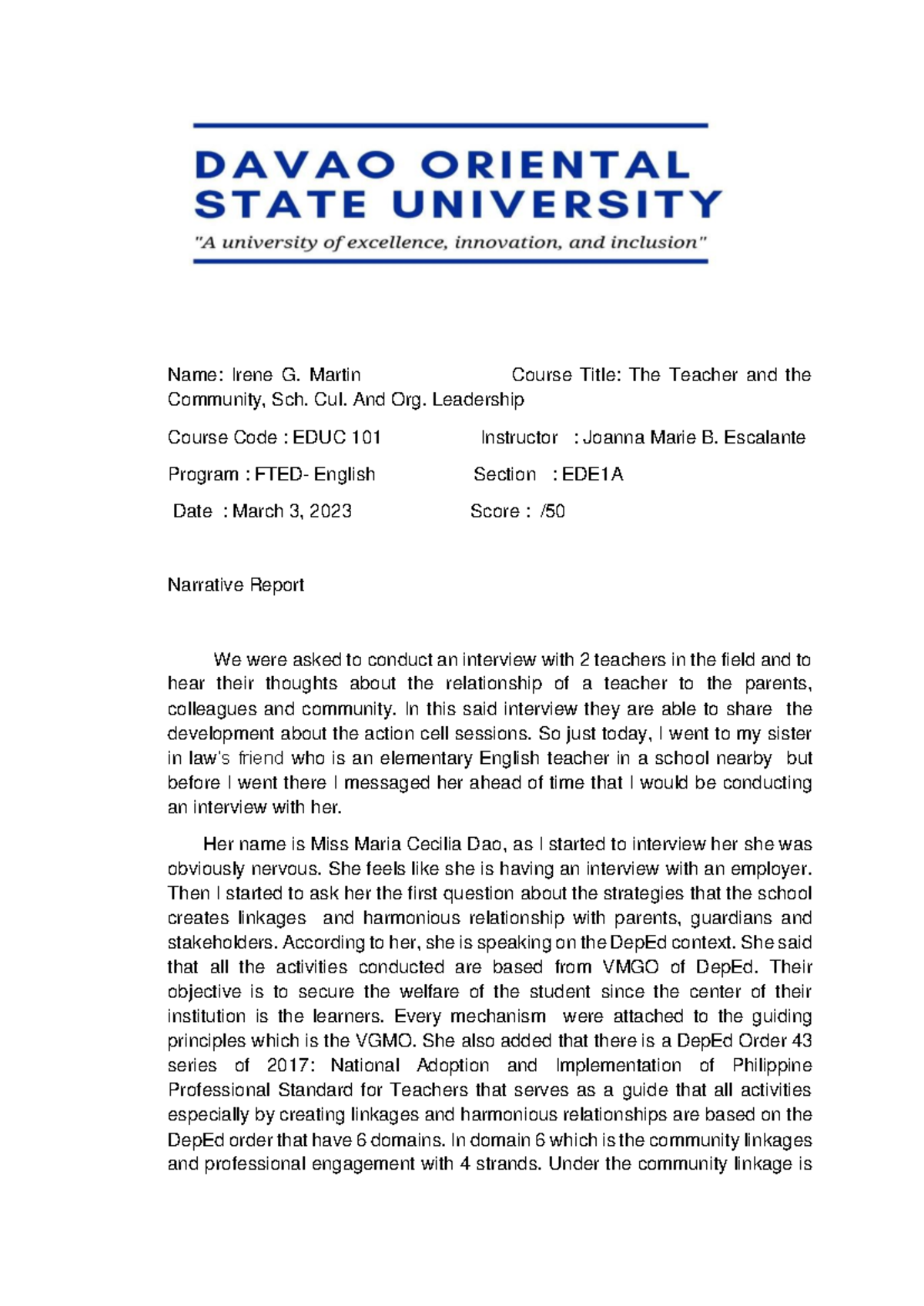 EDUC 101- Narrative Report - Name: Irene G. Martin Course Title: The Teacher and the Community ...