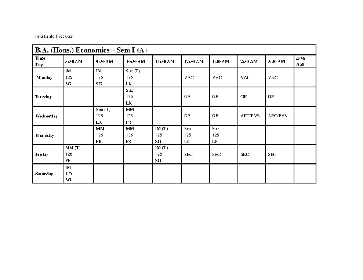 First Year Time Table - Time table first year B. (Hons.) Economics ...