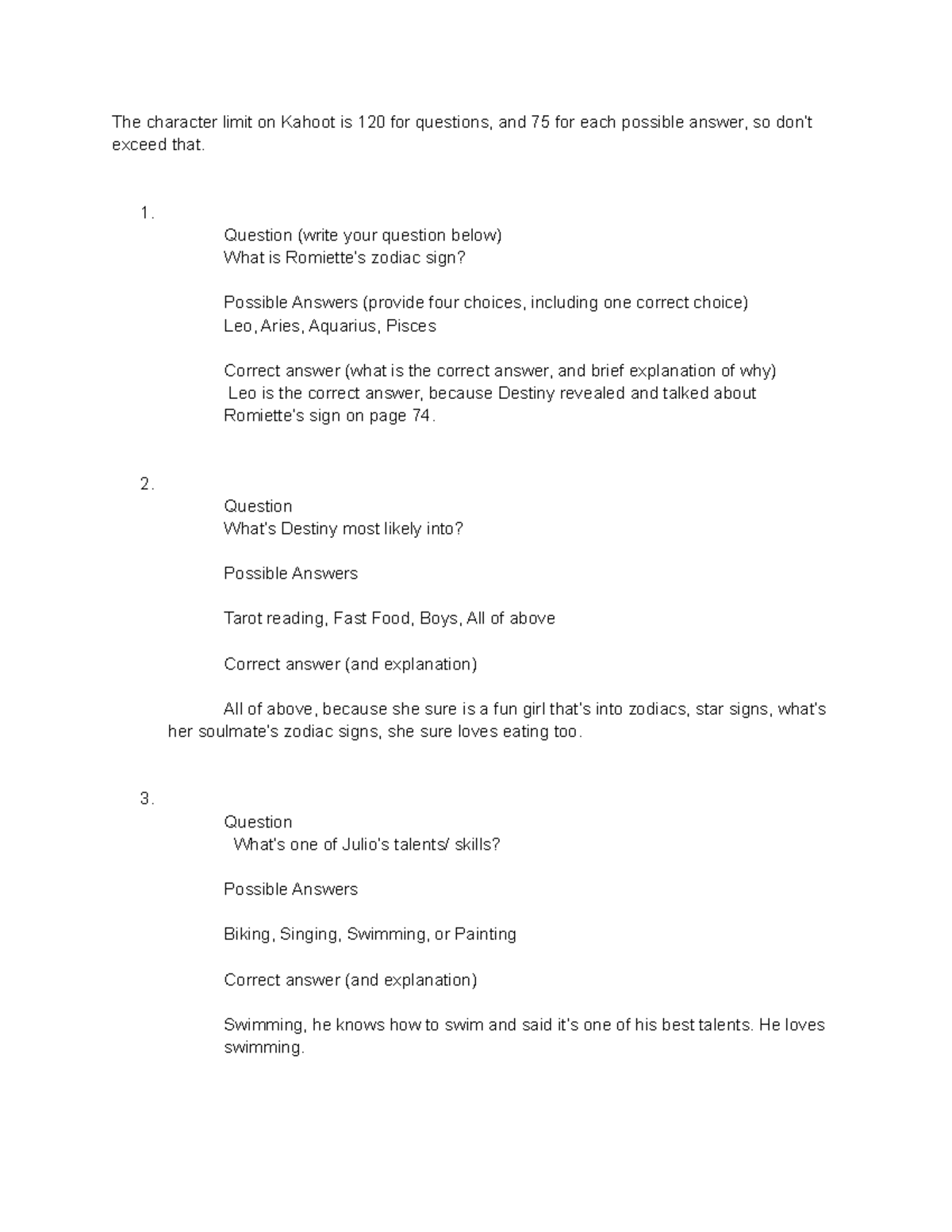 Romiette and Julio Multiple Choice Questions - The character limit on ...