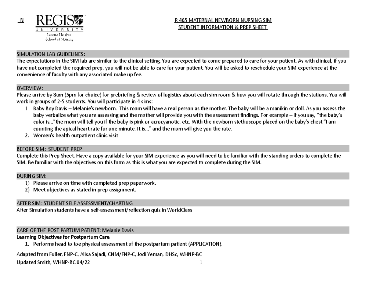 NR465 Student Prep Sheet for Simulation 2022 - N R 465 MATERNAL NEWBORN ...