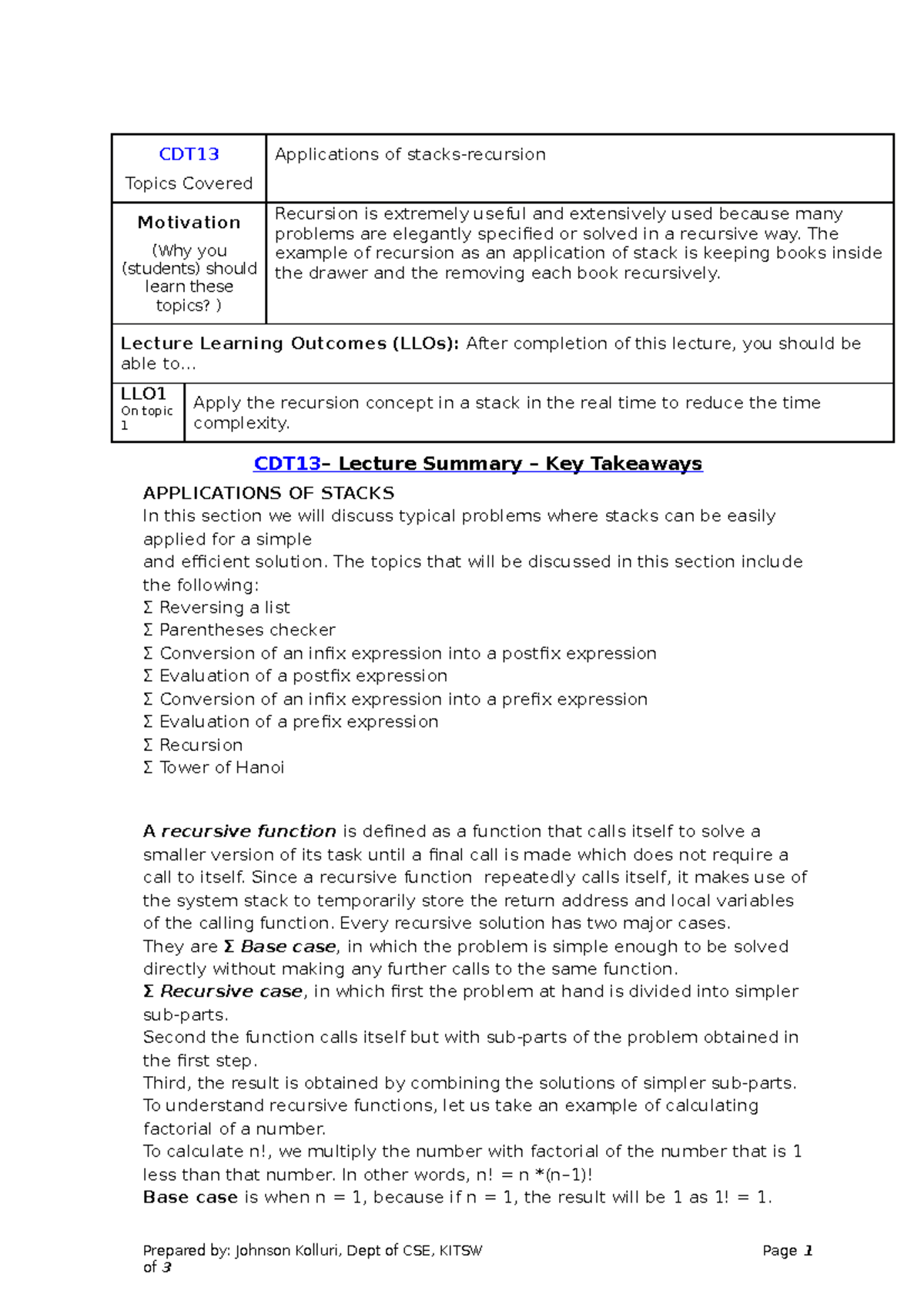 Applications Of Stacks Recursion Cdt Topics Covered Applications Of Stacks Recursion